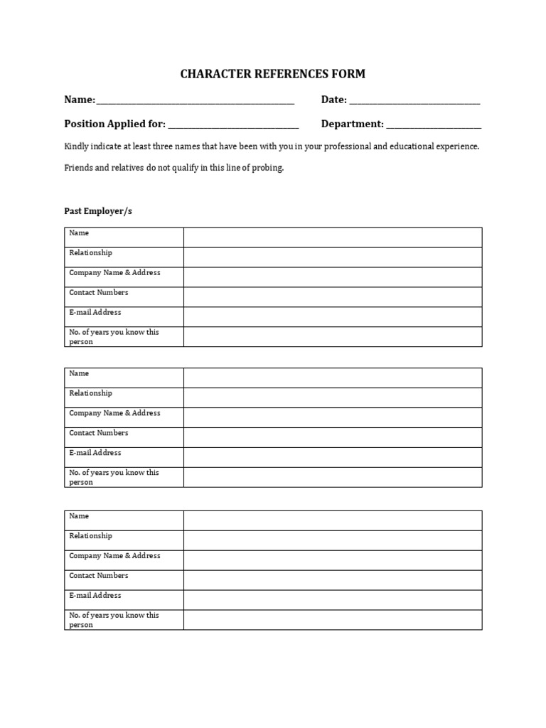 CHARACTER REFERENCES FORM Checklist | PDF