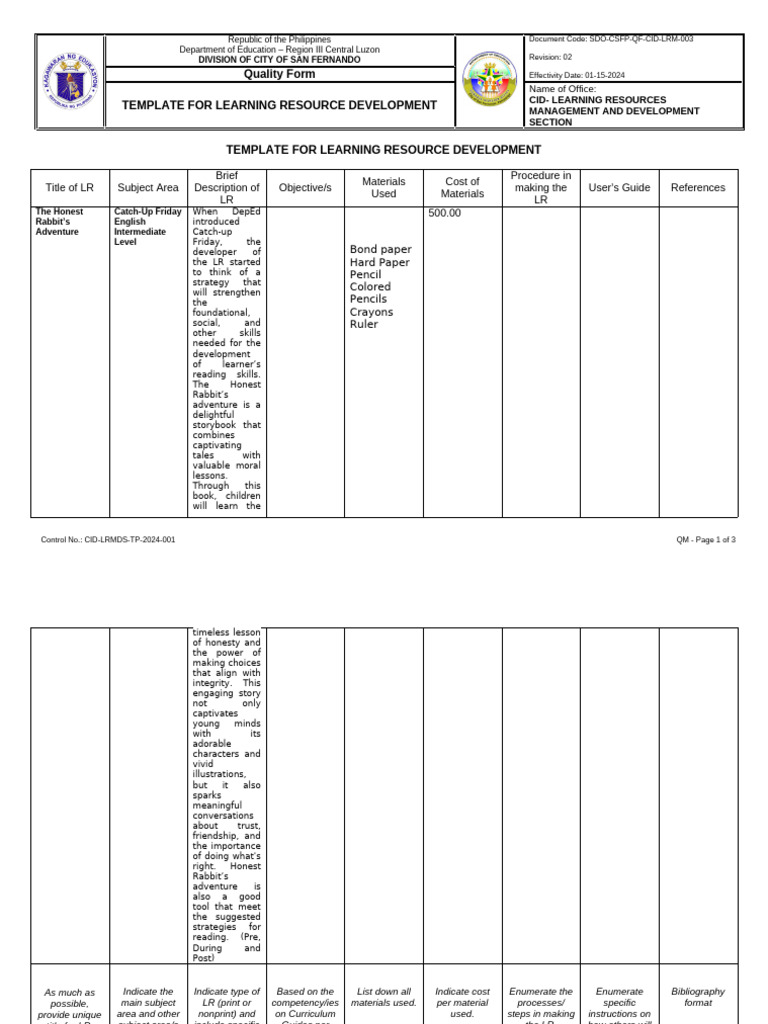 003 Cid LRMDS QF Template For Learning Resource Development | PDF