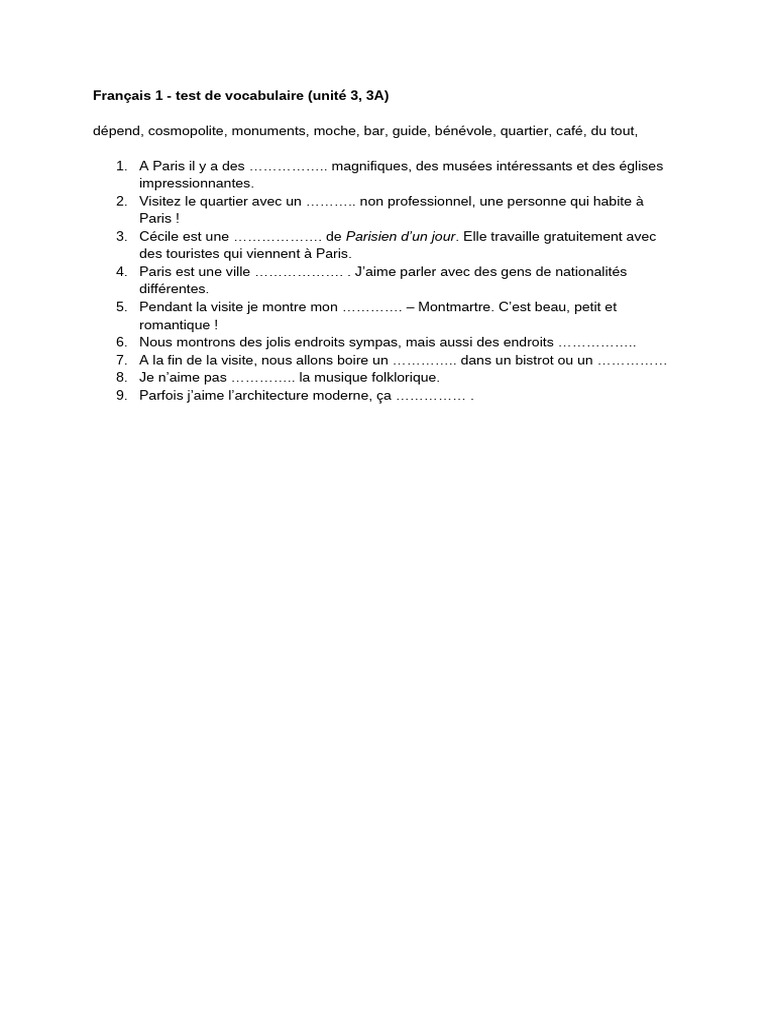 Français 1 - Vocabulaire Unité 3, 3A | PDF