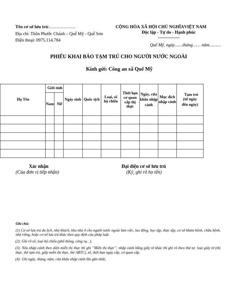 Khai Lưu Trú TNV Nư C Ngoài | PDF