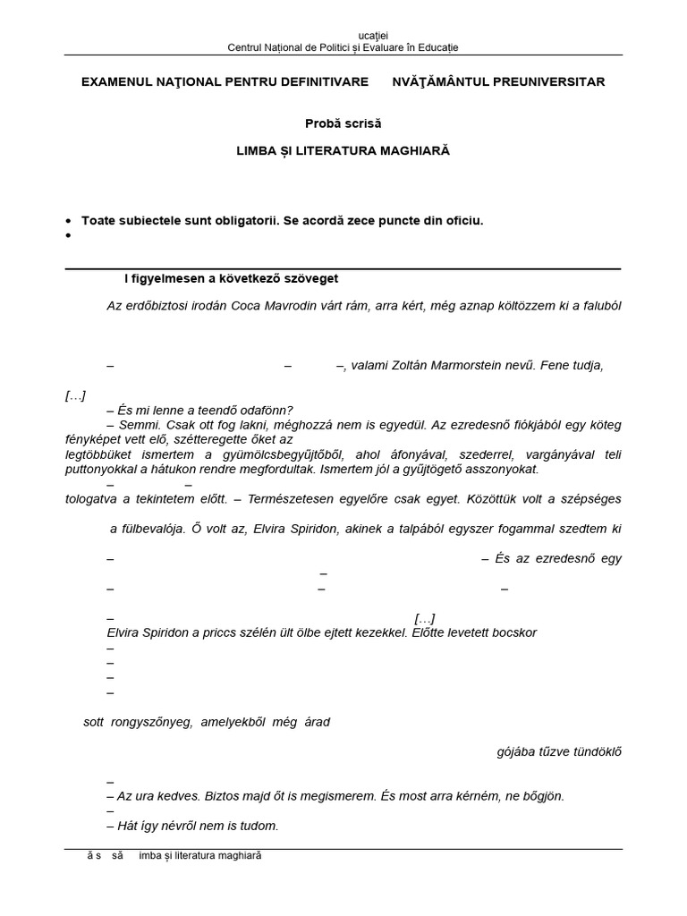 Def 069 Limba Maghiara Materna P 2024 Var Model | PDF