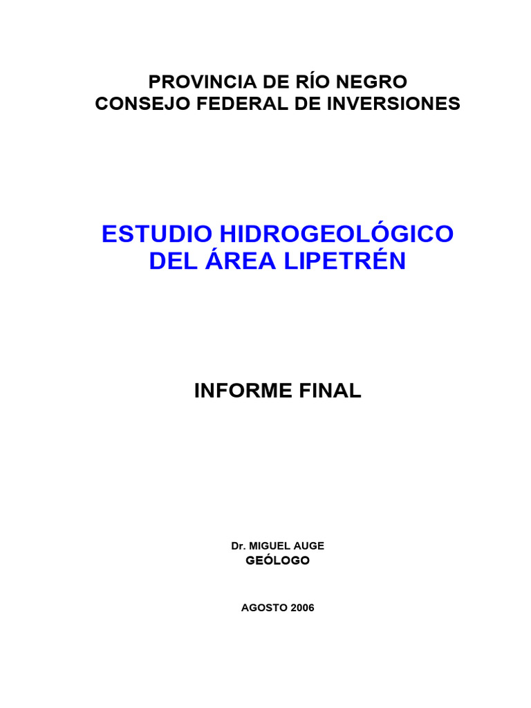 Estudio Hidrogeológico Del Área Lipetrén Por Auge | PDF