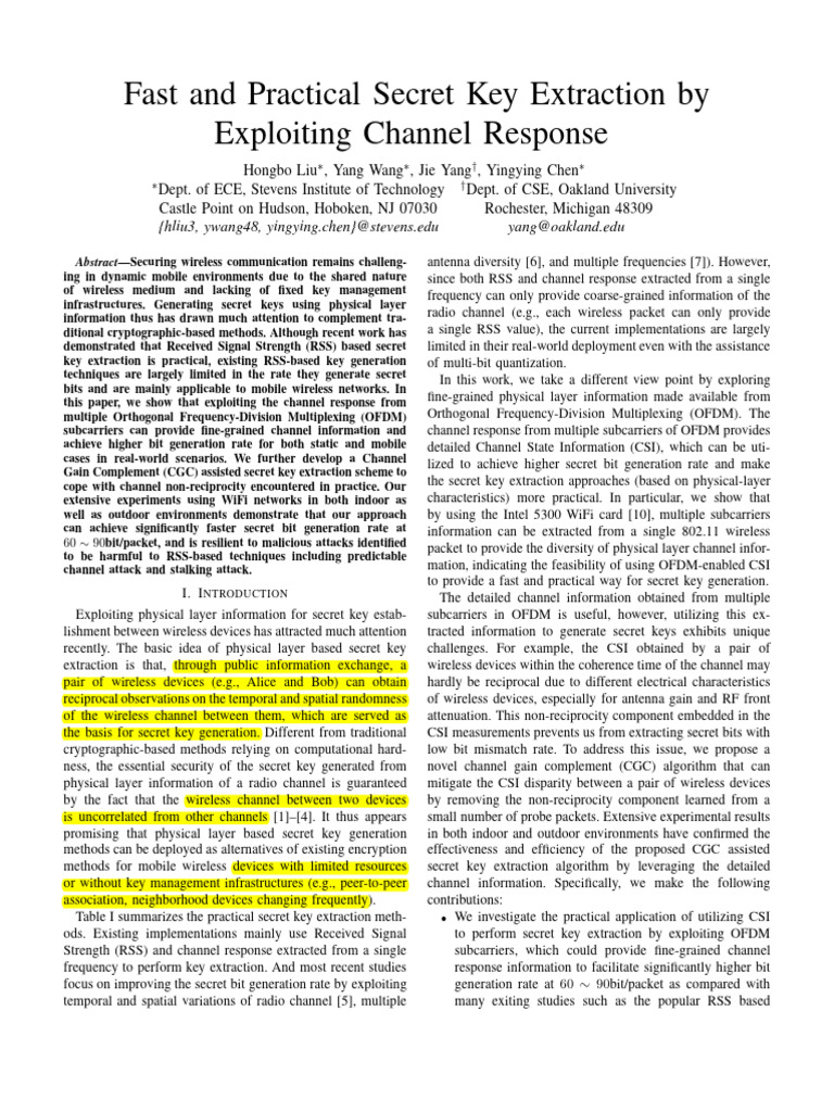 OFDM-Based Secret Key Extraction Techniques | PDF | Orthogonal ...