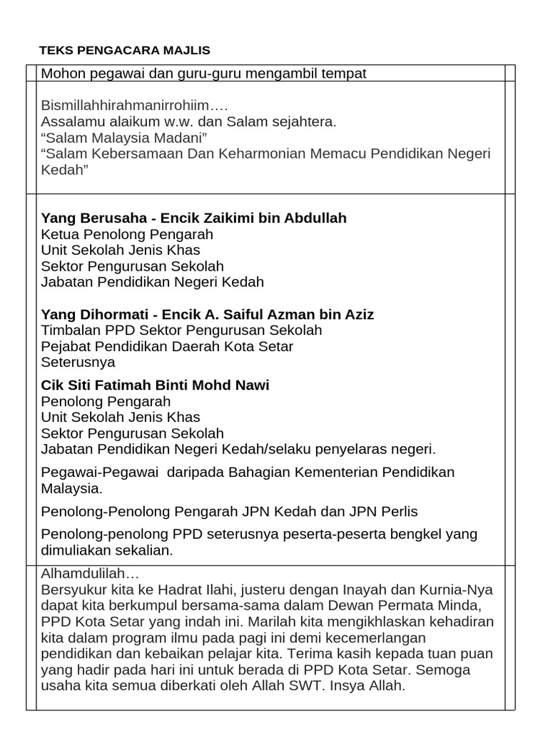 Teks Pengacara Majlis - Bengkel - 2.9.2024 | PDF