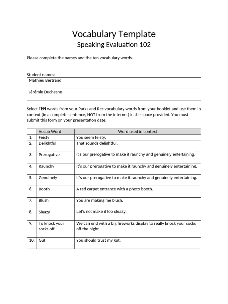 Vocabulary Template | PDF