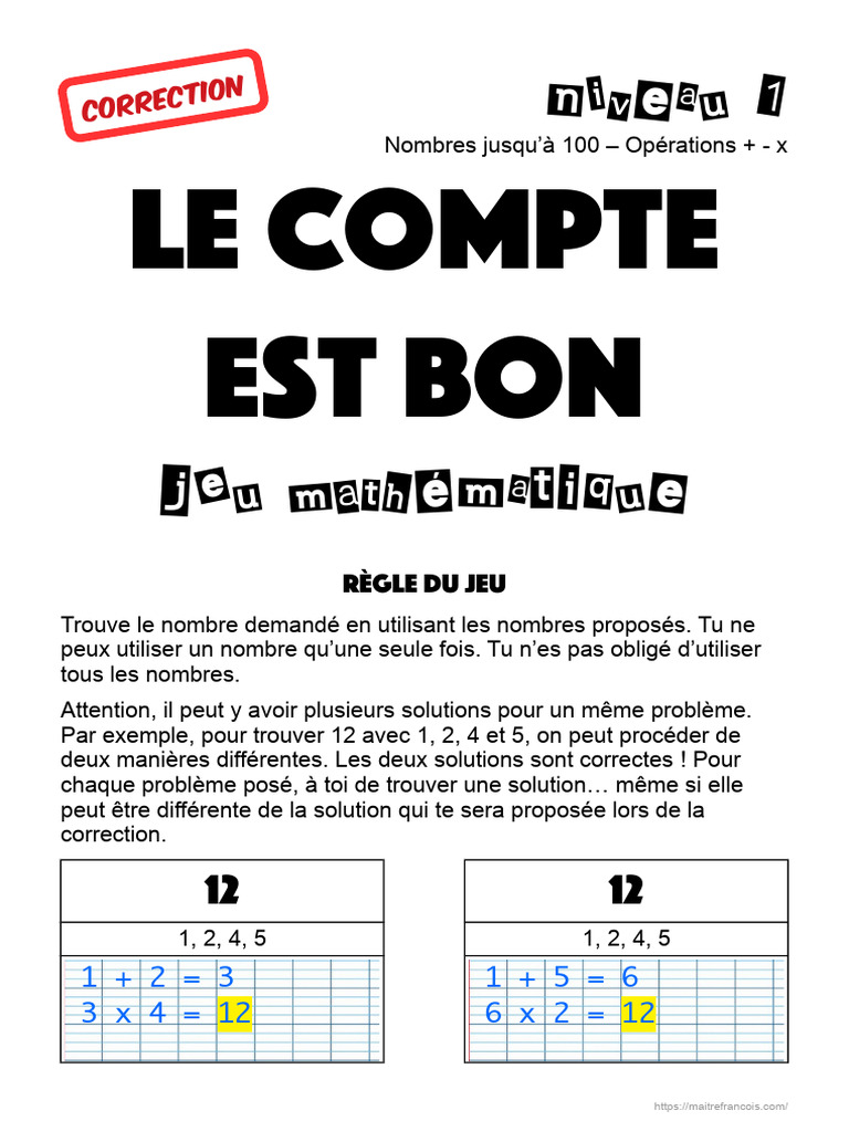 Le Compte Est Bon - Niveau 1 - Correction | PDF