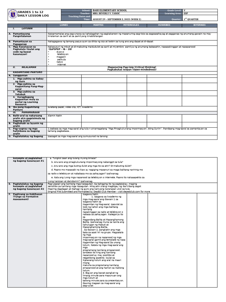 DLL - Esp 5 - Q1 - W2 | PDF