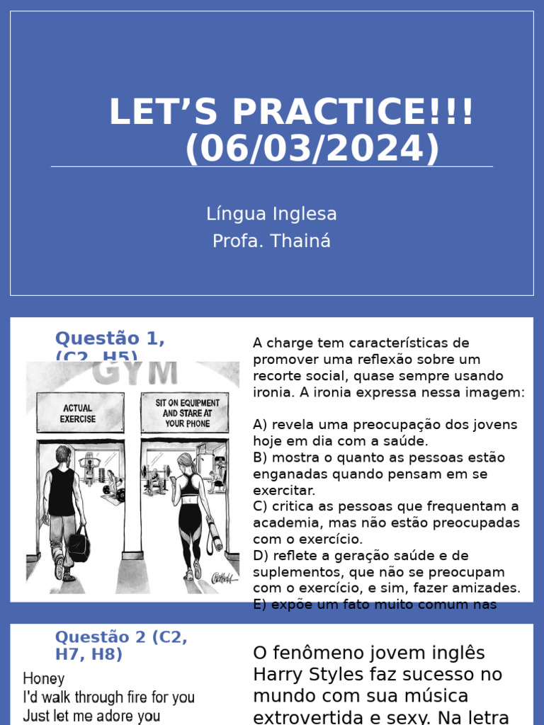 Let'S Practice!!! (06/03/2024) : Língua Inglesa Profa. Thainá | PDF