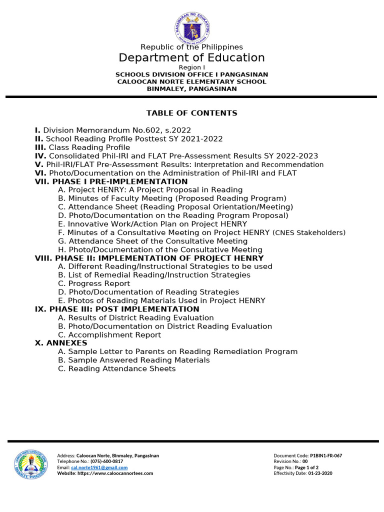 READING PROGRAM Table of Contents | PDF