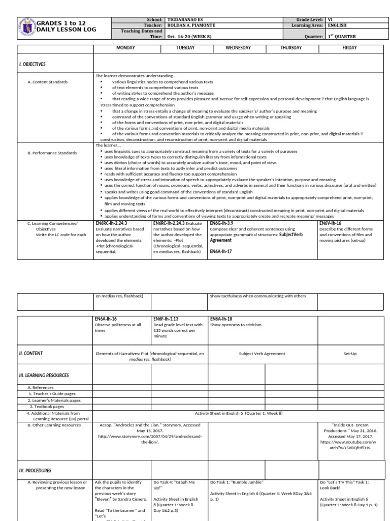 DLL - English 6 - Q1 - W8 | PDF