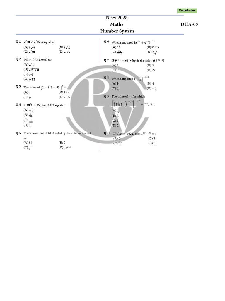 Number System - DHA 05 (Of Lecture 08) - Extra DHA - Neev 2025 | PDF