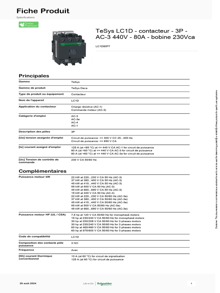 Schneider Electric - TeSys-D - LC1D80P7 | PDF