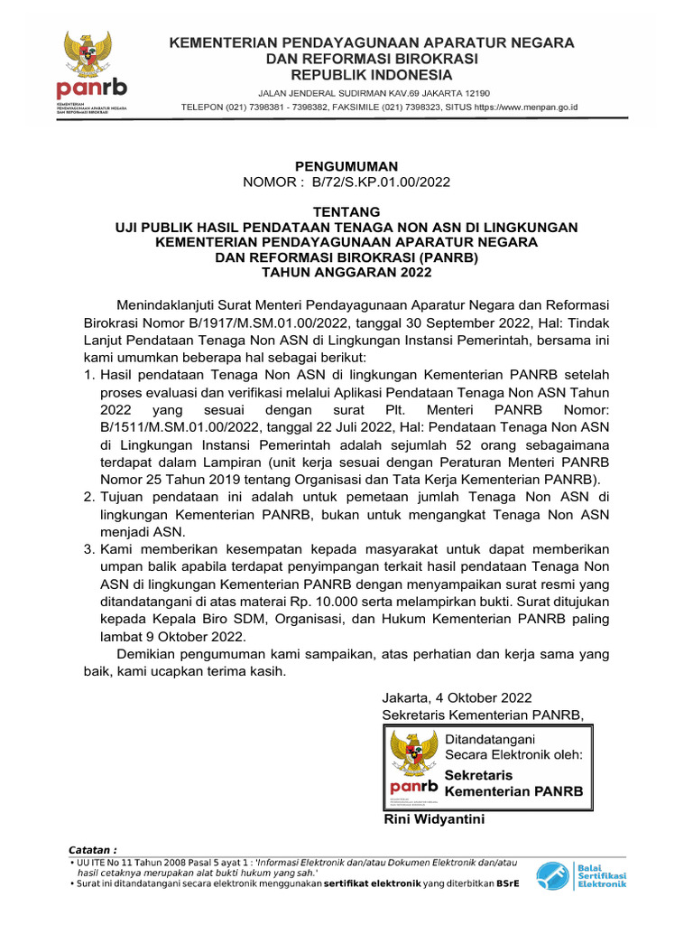 Pengumuman Uji Publik Hasil Pendataan Tenaga Non ASN Kementerian PANRB 2022 - Sign | PDF