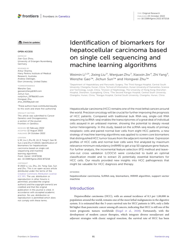 Identification of Biomarkers For Hepatocellular Carcinoma Based On Single Cell Sequencing and ...