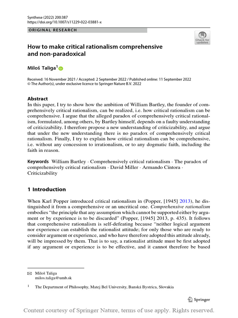 How To Make Critical Rationalism Comprehensive and | PDF