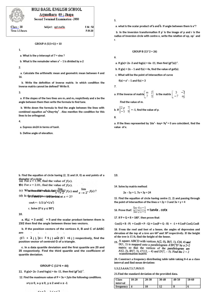 Opti0pnal Math Class 10 | PDF