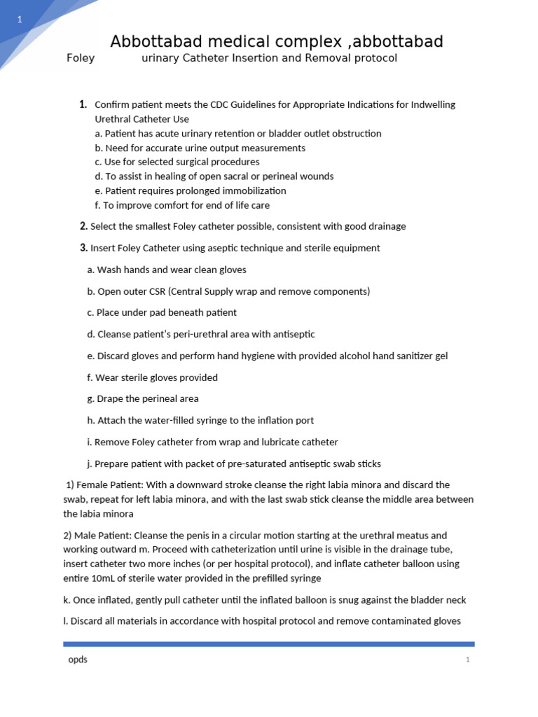Guidelines For Foleys Catheter Insertion | PDF