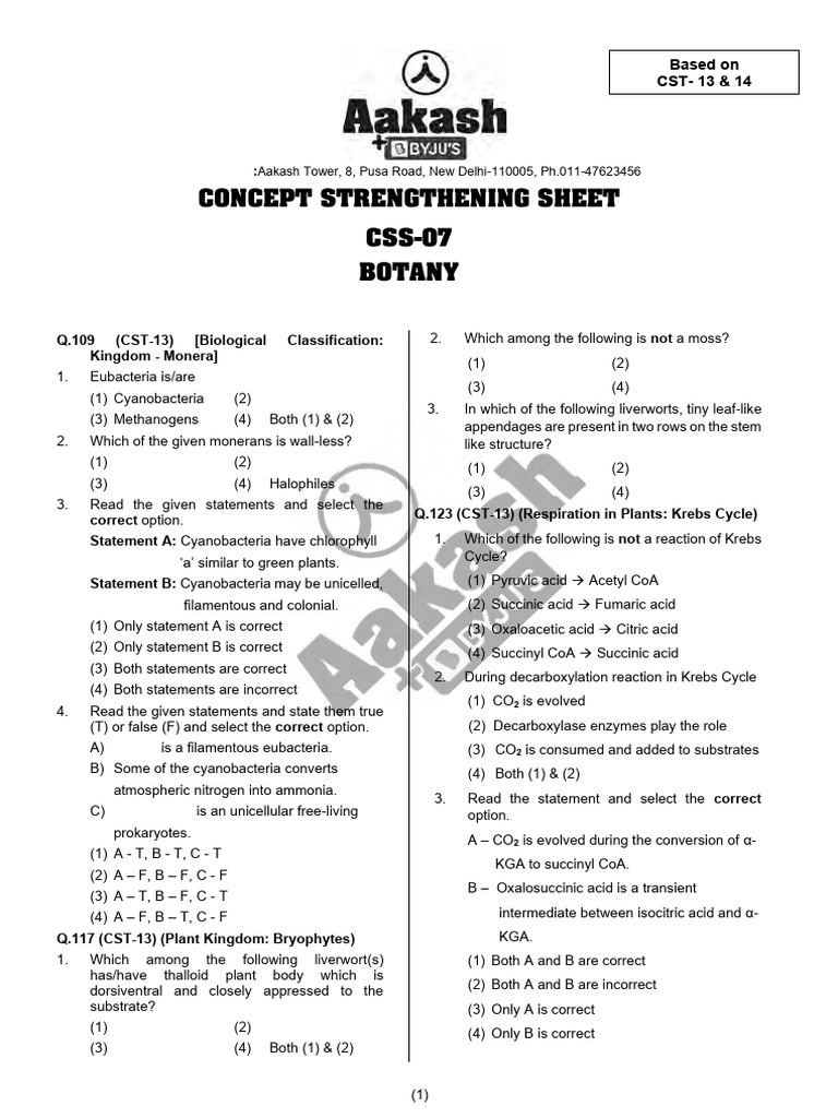 Concept Strengthening Sheets (CSS-07) Based On CST-13 & 14 | PDF