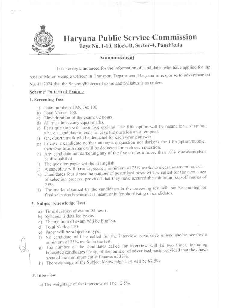 HPSC MVO Transport Exam Pattern and Labus 2024 | PDF