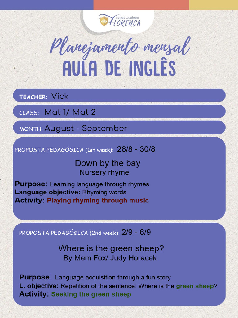 Planejamento - Inglês Mat 1. Mat 2 | PDF