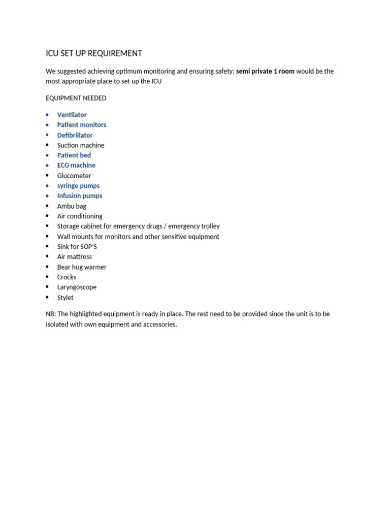 Icu Set Up Requirement for Kih | PDF