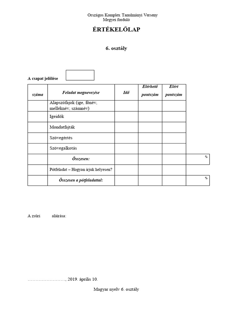 VII. Értékelïlap - Magyar Nyelv - 6. Osztály | PDF