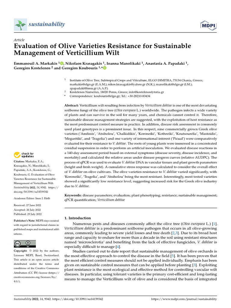 Evaluation of Olive Varieties Resistance for Sustainable Management of ...