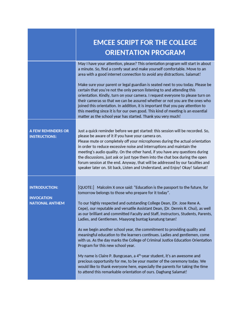 Emcee Script For The College Orientation Program Part 2 | PDF