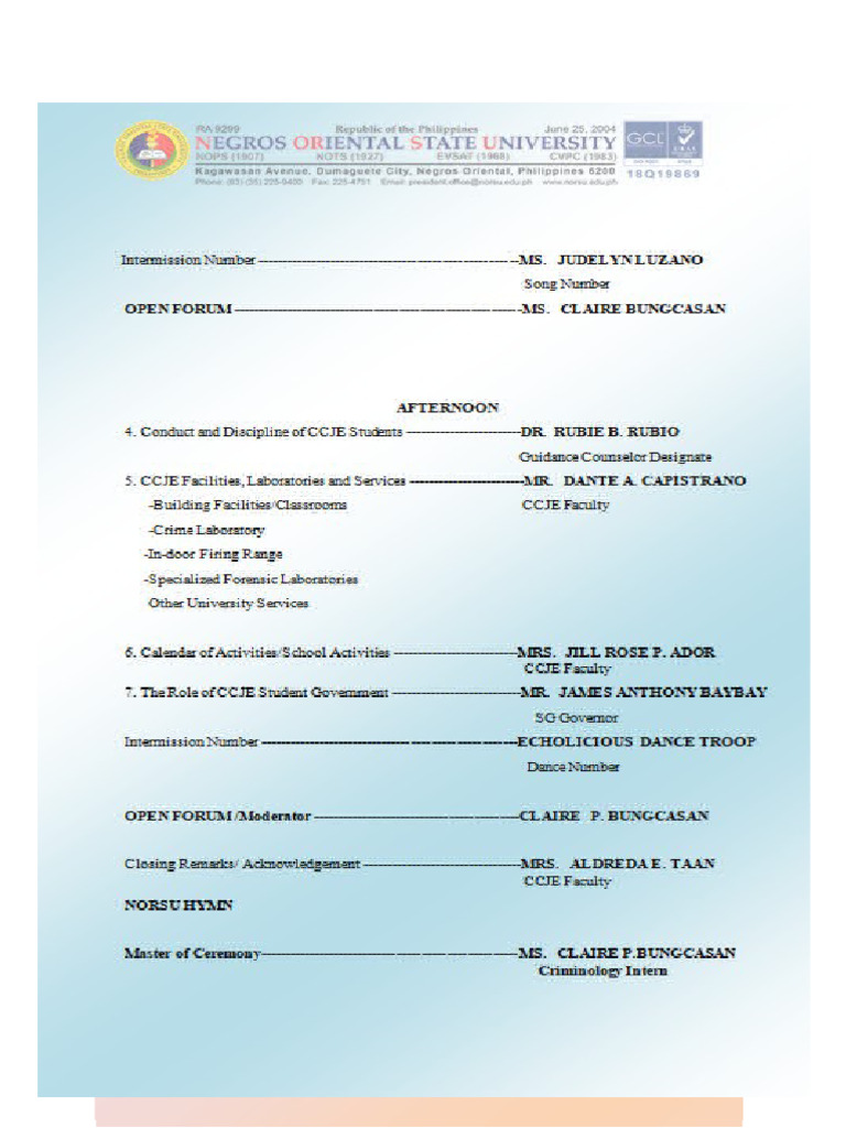 EMCEE SCRIPT FOR THE COLLEGE ORIENTATION PROGRAM | PDF EMCEE SCRIPT FOR THE COLLEGE ORIENTATION PROGRAM | PDF