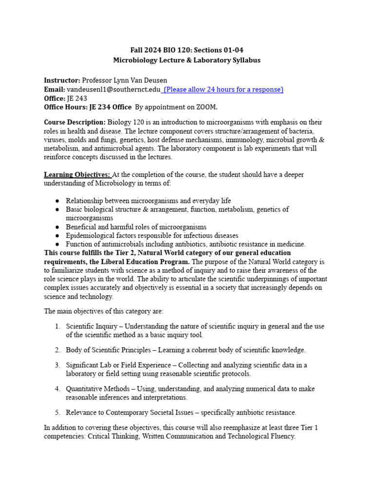 Bio 120 Syllabus Fall 2024 | PDF