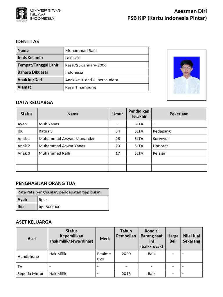 Form Asesmen Diri PSB Beasiswa KIP 2024 | PDF