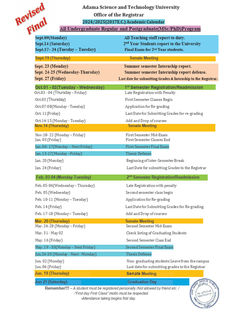 Revised Final Academic Calander 2017 E.C | PDF