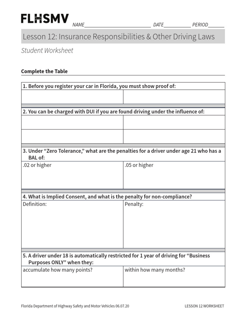 DMV LP Worksheet Lesson 12 | PDF