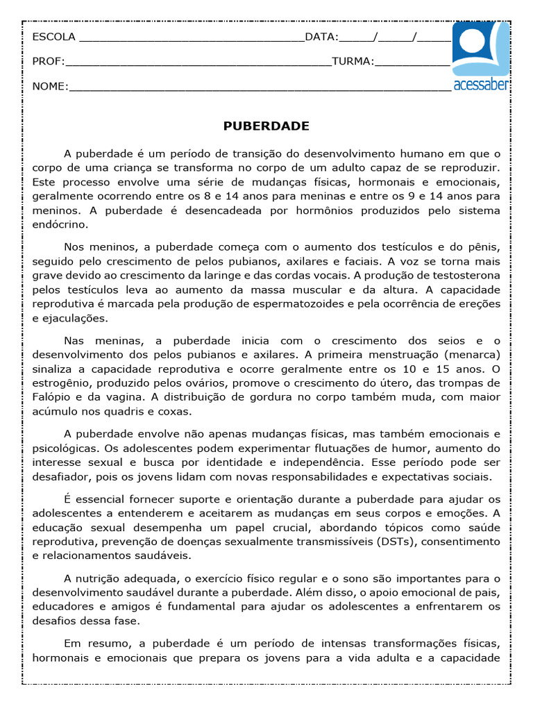 Puberdade: Transições e Desafios | PDF | Puberdade | Reprodução
