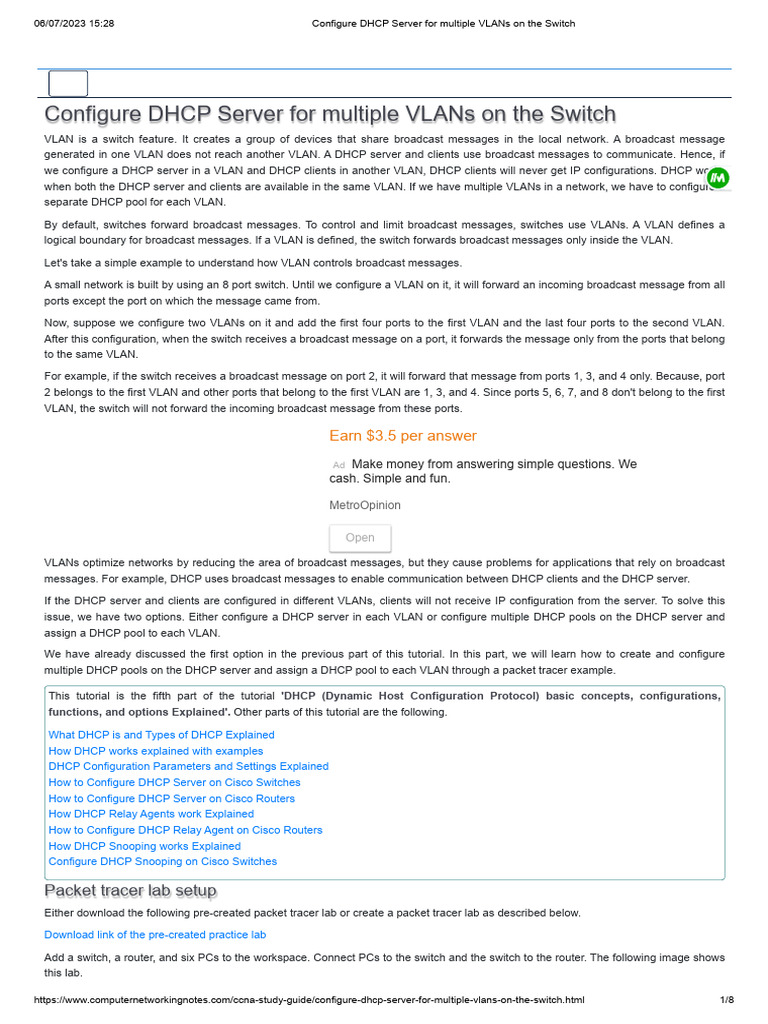 Configure DHCP Server For Multiple VLANs On The Switch | PDF