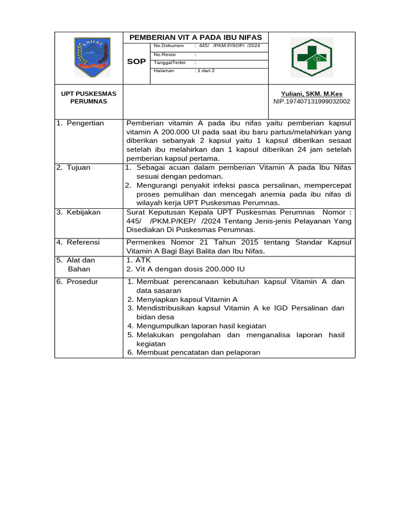 Sop Pemberian Vit A Pada Ibu Nifas | PDF