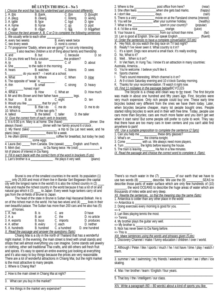 Đề Luyện Thi Hsg 6 - No 5: takes in the passage below | PDF