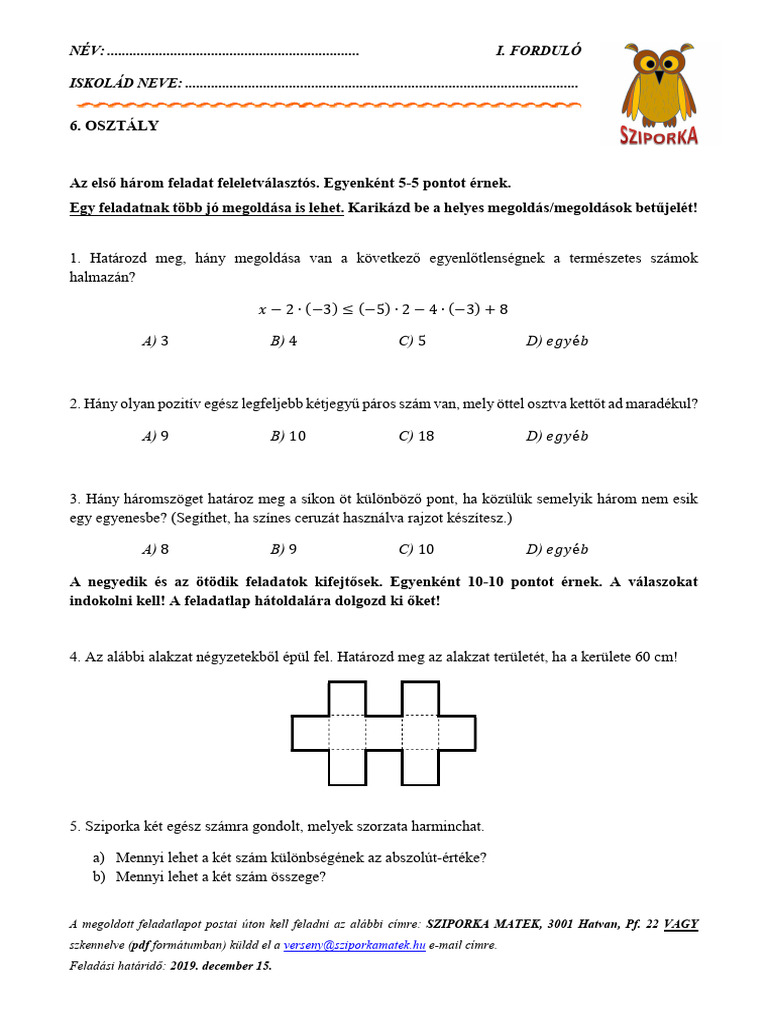 SZIPORKA 2019 - 2020 6. Osztály 1. Forduló | PDF