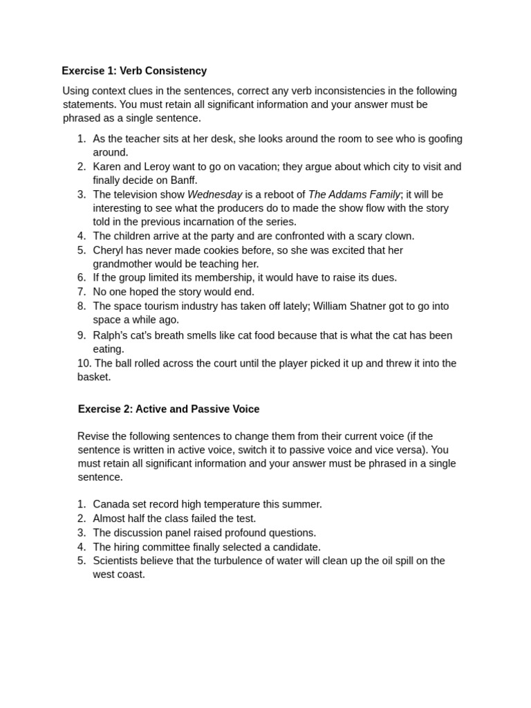 Week 4 - Verb Consistency and Active and Passive Voice Homework | PDF