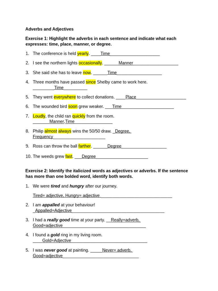Week 7 - Adverbs and Adjectives Homework 2024 | PDF