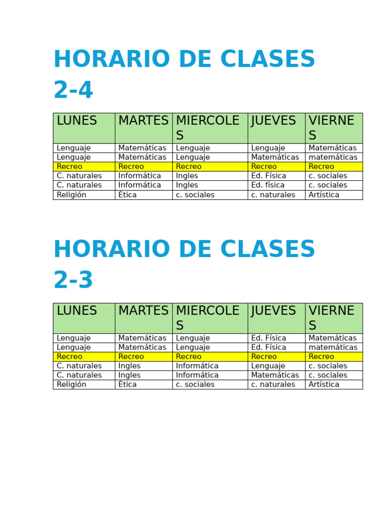 HORARIO DE CLASES 23 y 24 | PDF