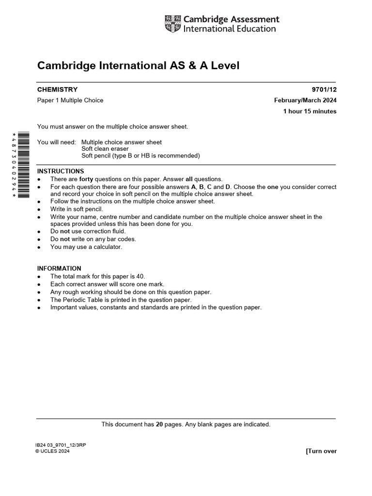 Cambridge International AS & A Level: Chemistry 9701/12 | PDF