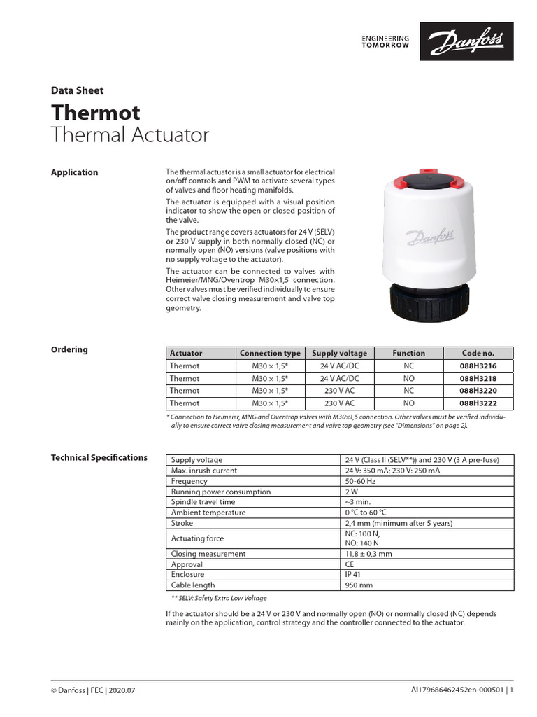 Data Sheet Thermot Thermal Actuator (Технічний Паспорт) | PDF
