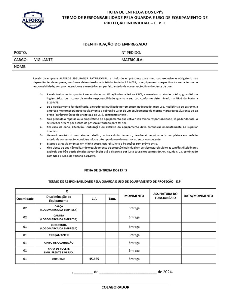 Modelo Ficha de EPI - Atualizado | PDF