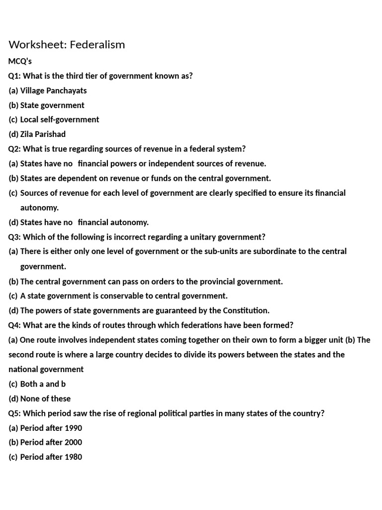 Federalism Class 10 Worksheet Civics Chapter 1 | PDF