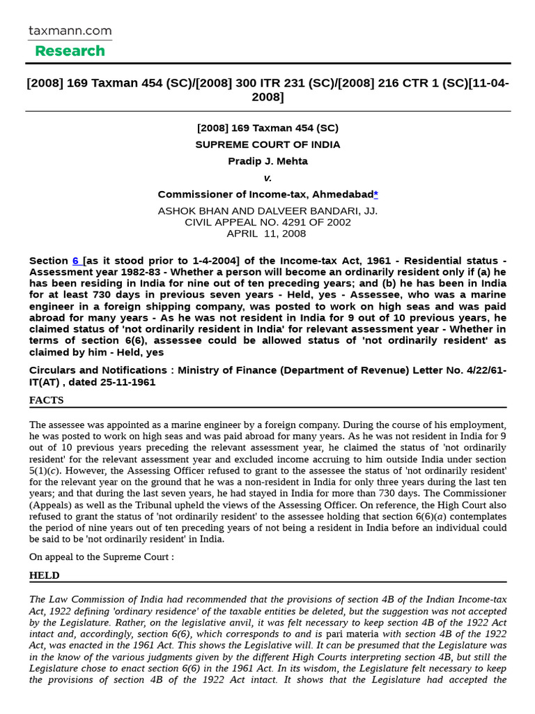 Ordinarily and Non Ordinarily Status in India. | PDF | Income Tax ...