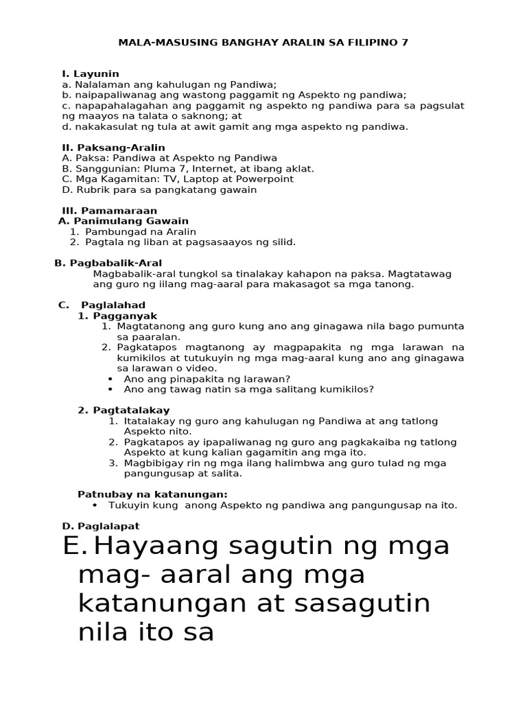 Aspekto NG Pandiwa Lesson Plan | PDF