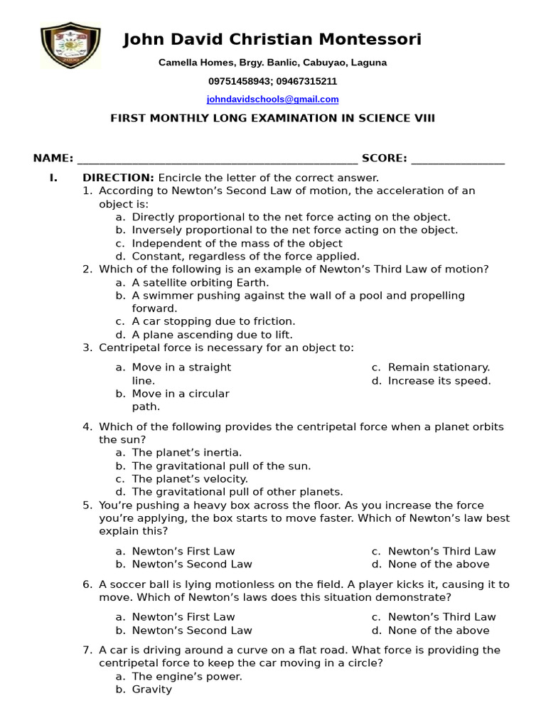 First Monthly Long Examination in Science Viii | PDF
