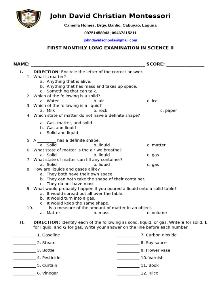 First Monthly Long Examination in Science Ii | PDF
