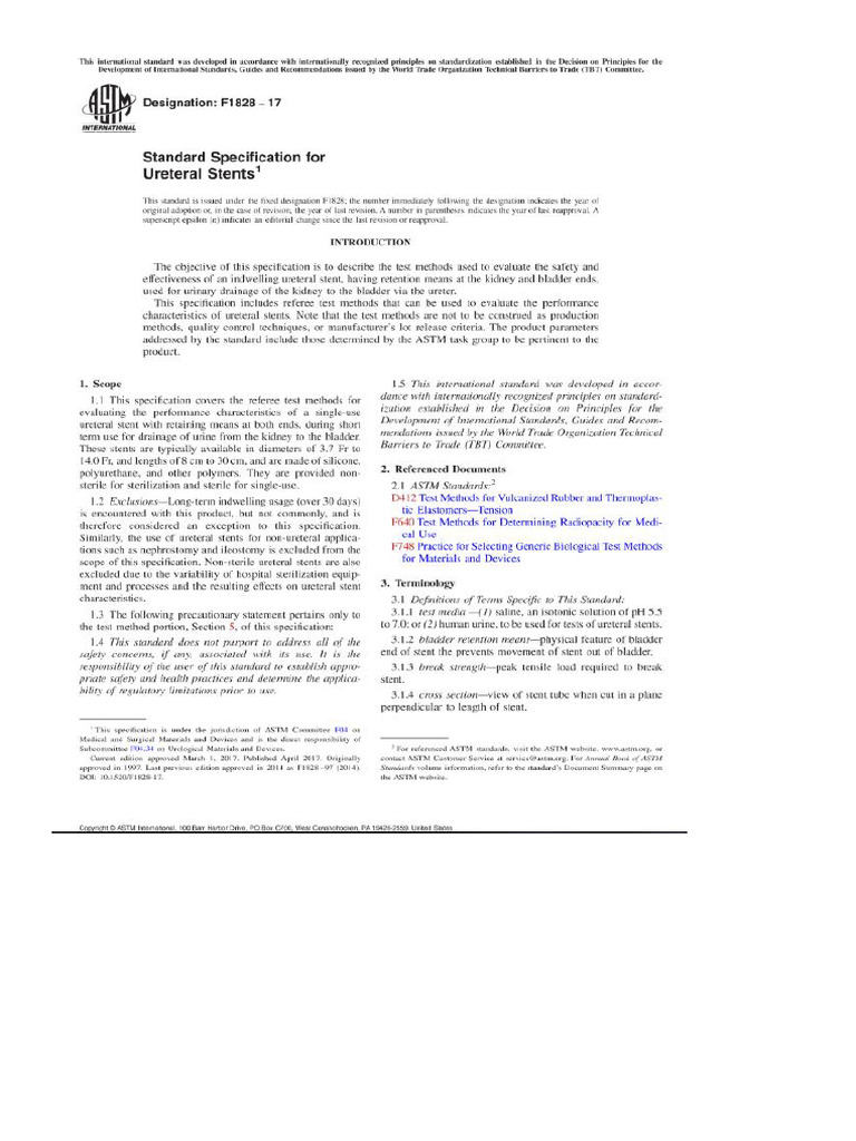 ASTM F 1828-17 Standard Specification For Ureteral Stents | PDF